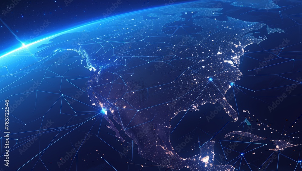 A map of North America with interconnected city lights, representing ...