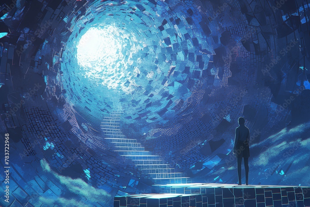 A person in silhouette stands inside an immersive art installation ...