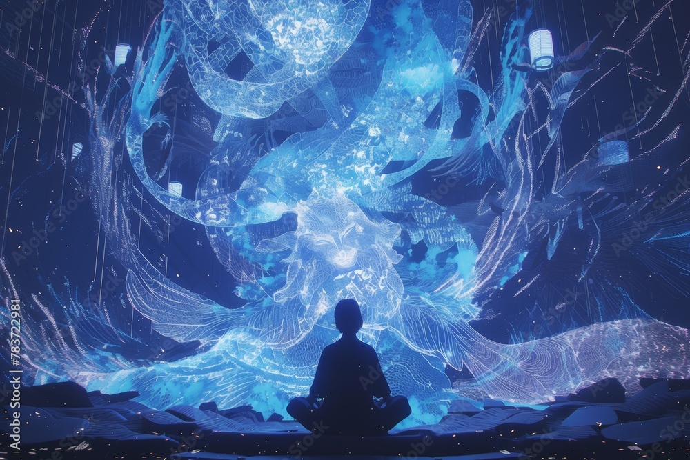 A person in silhouette stands inside an immersive art installation ...