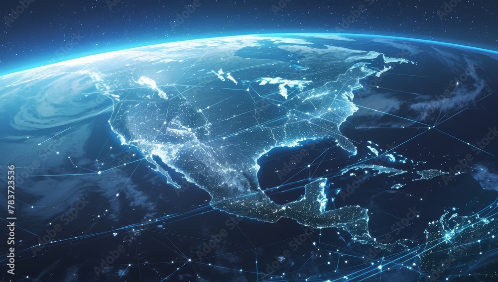 A global map of North America with interconnected city lights ...