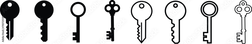 Key icon symbol flat and line style set. Door or house key to unlock ...