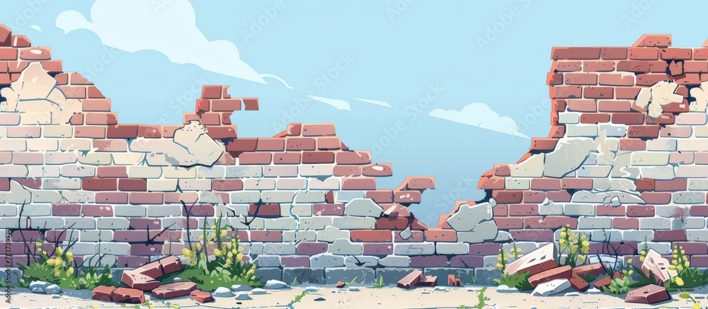 Cartoon illustration of a brick wall with a broken window depicting the ...