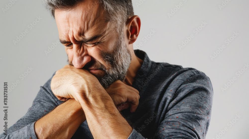 Sad Middle aged man in distress pain in his wrist due to arthritis pain ...