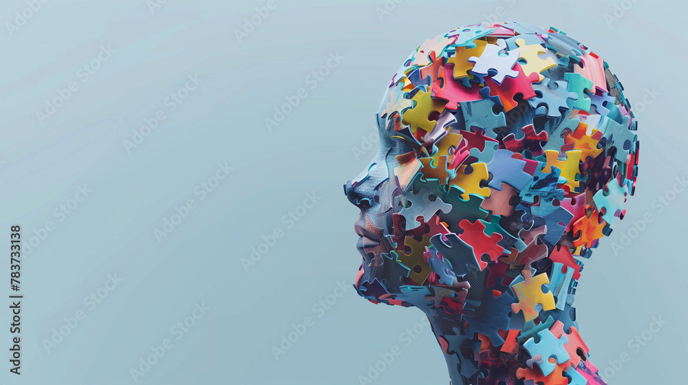 autism puzzle head concept, 3d rendering of colorful jigsaw piece on ...