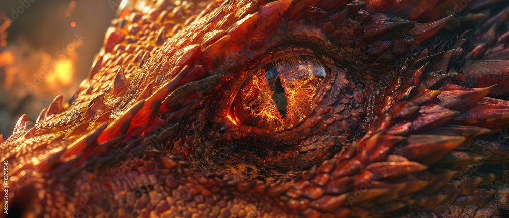 close-up the fiery red mythical creature the sharp gaze of the dragon's ...