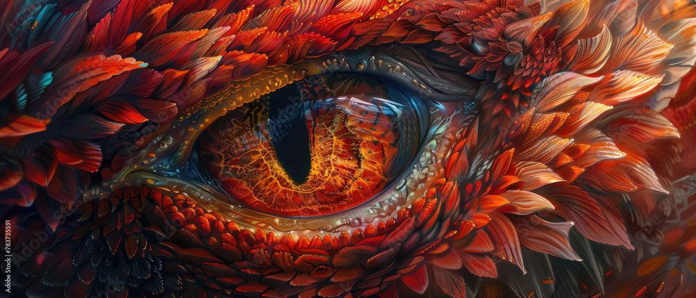 close-up the fiery red mythical creature the sharp gaze of the dragon's ...