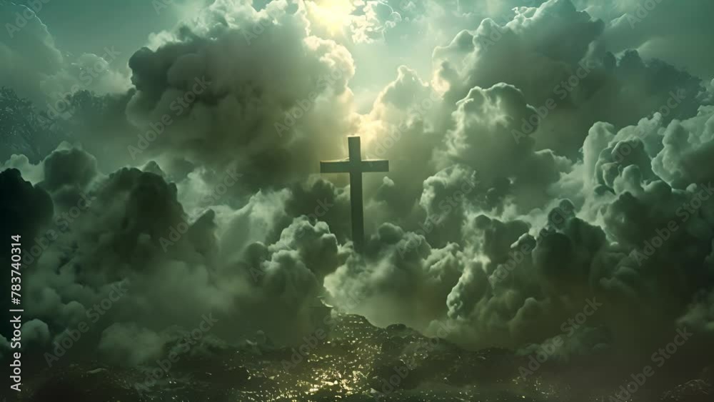 Religious Cross on mountain peak. Clouds moving in the wind..A ...
