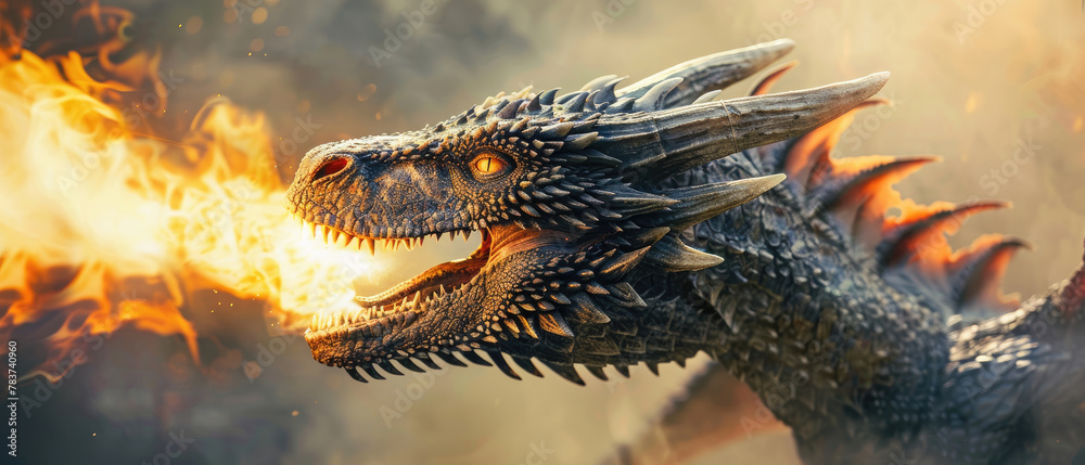 the head of a ancient fire breathing dragon monster with bursts of fire ...