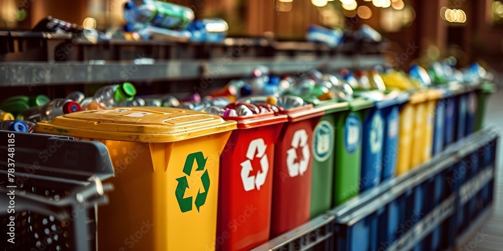 Recycling bins labeled by material, close-up, organized waste ...