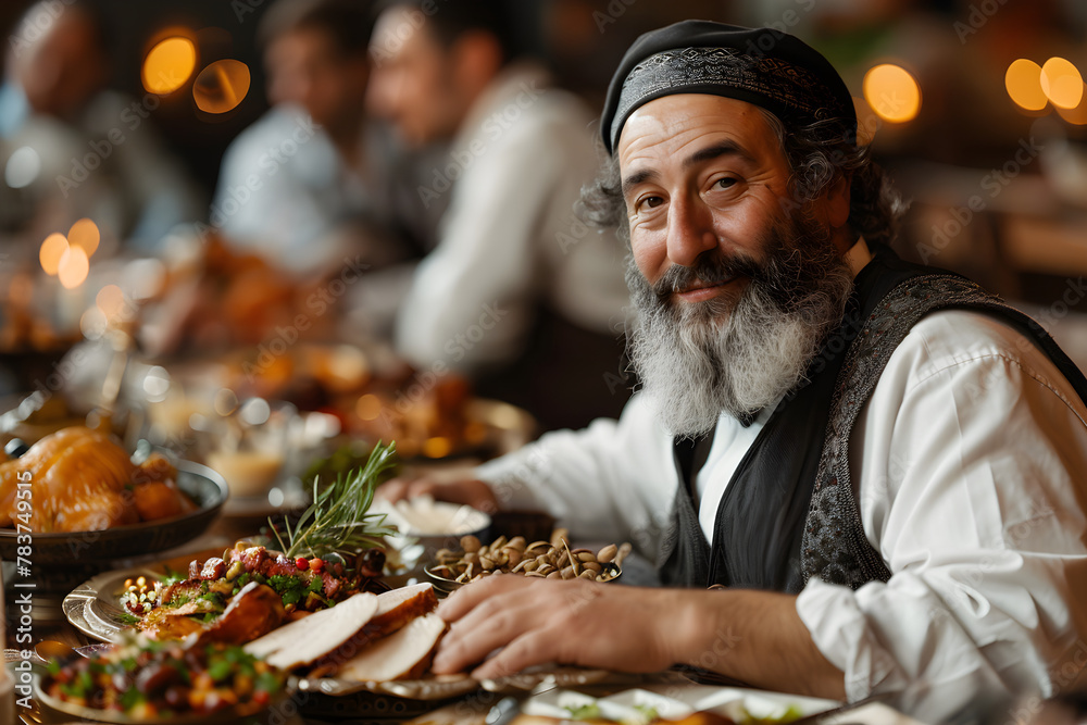 Family Passover dinner seder. Jewish man with kippah sitting at festive ...