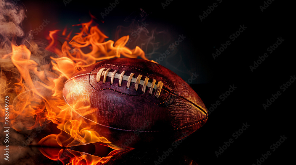 American football ball on fire isolated on black background with copy ...
