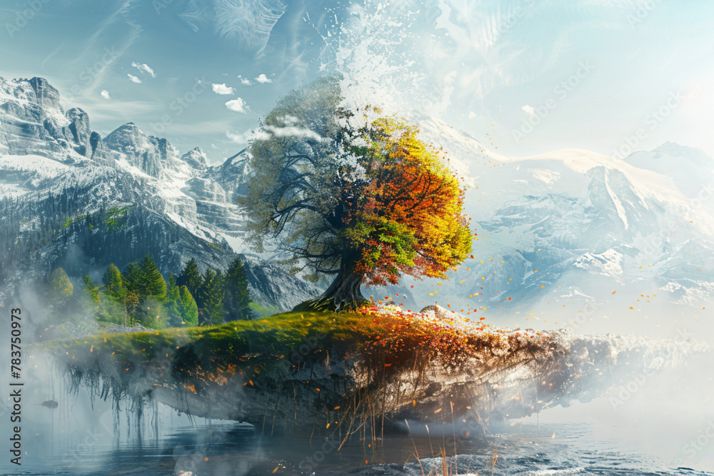 Compose a visual narrative where the elements of nature transition ...