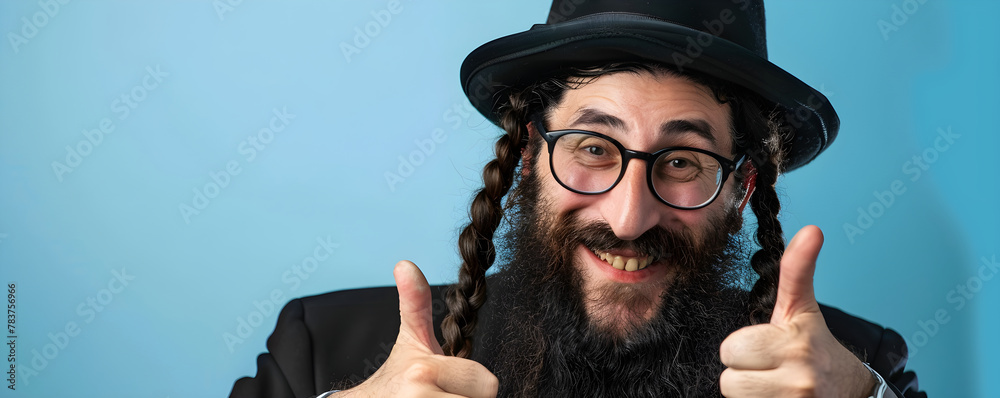 Portrait of orthodox cheerful jewish guy wearing black hat on blue ...
