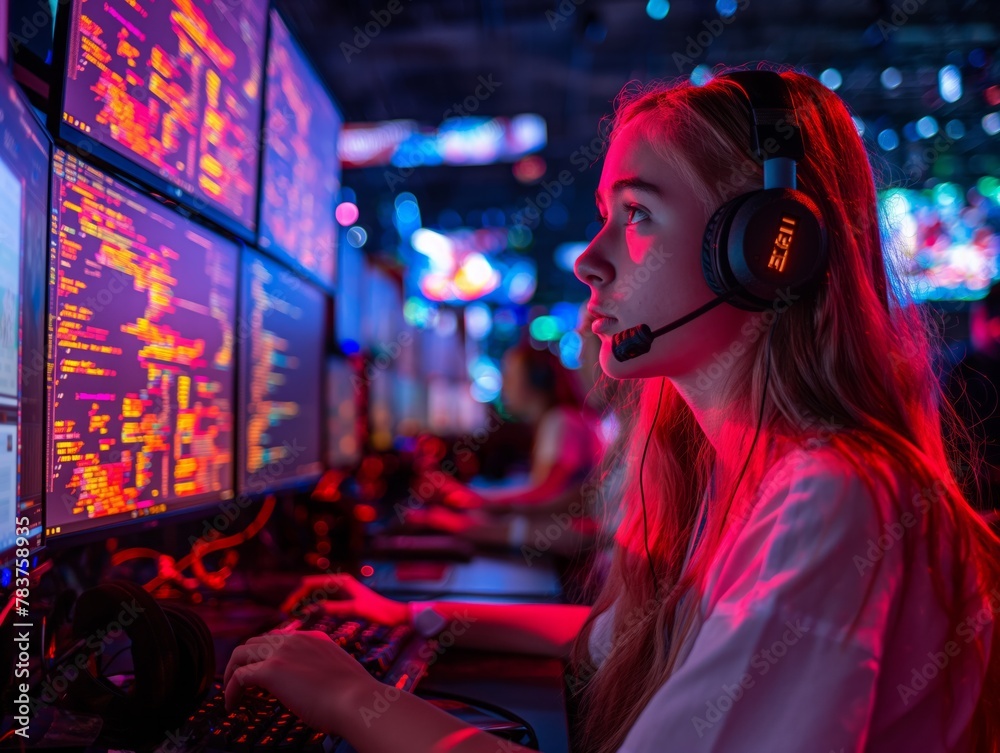 A woman wearing a headset is working on a computer with multiple monitors. The monitors are ...