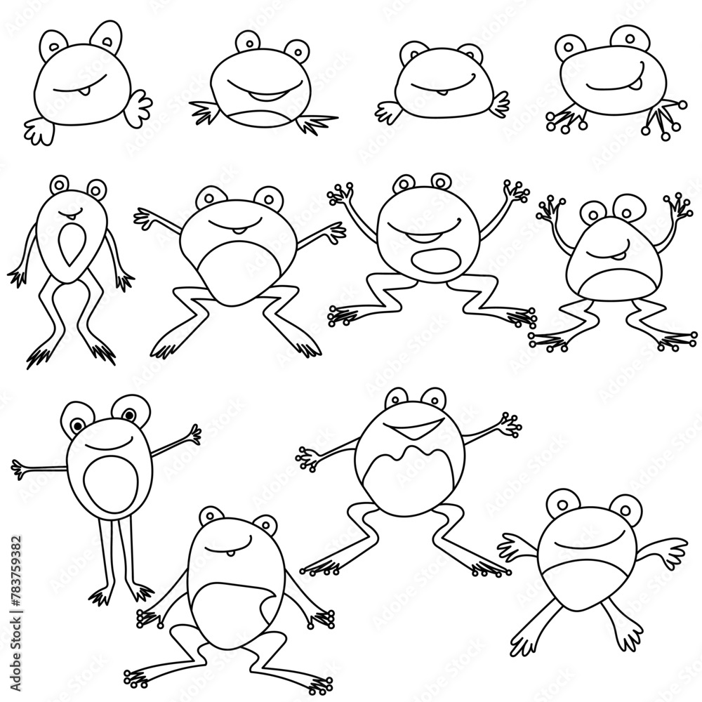 Set of outline frogs in doodle style, cute characters for design or ...