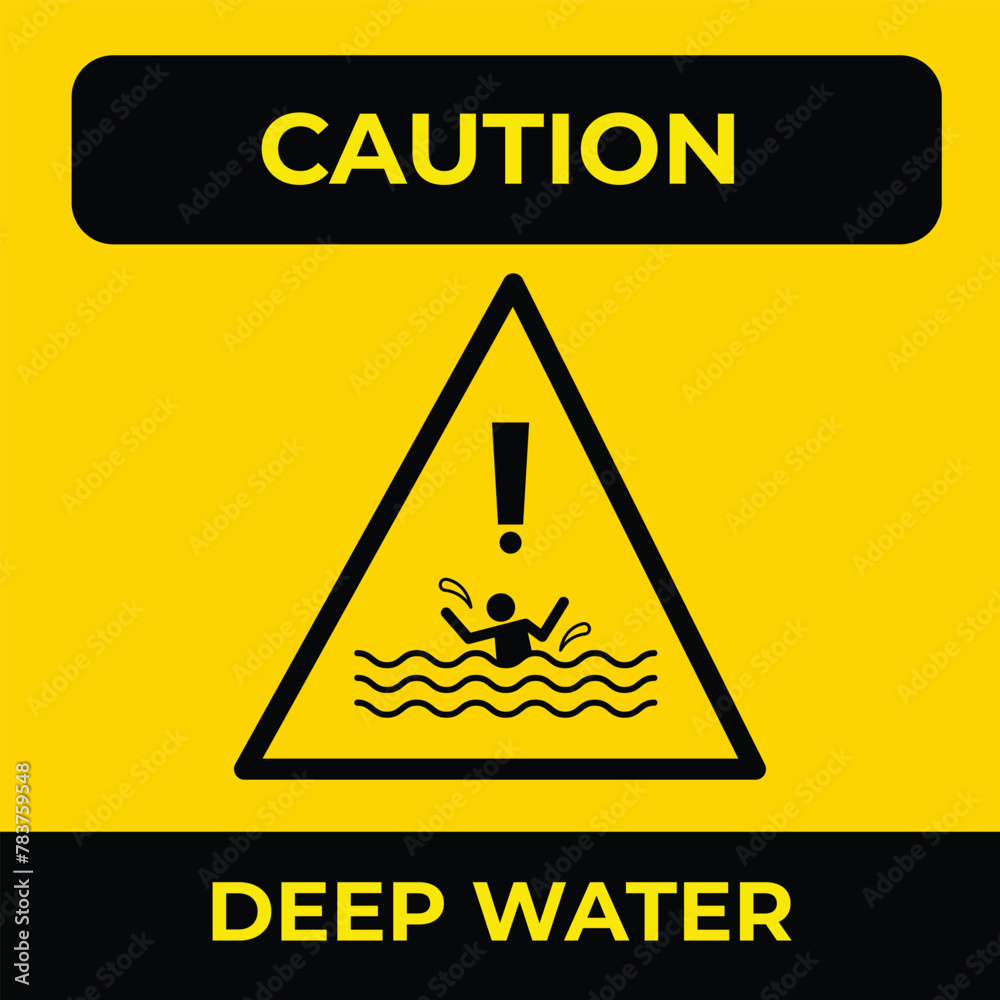 Caution deep water risk of drowning warning yellow triangle sign age ...