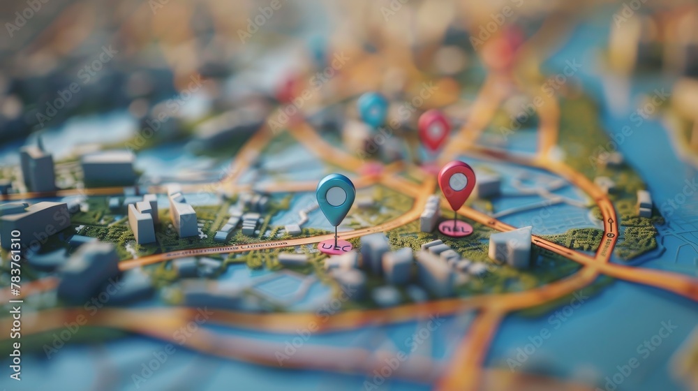 Community Mapping: A 3D vector illustration of a map with pins marking ...