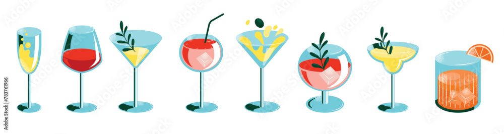 Set of cocktails. An illustration of classical drinks in different ...