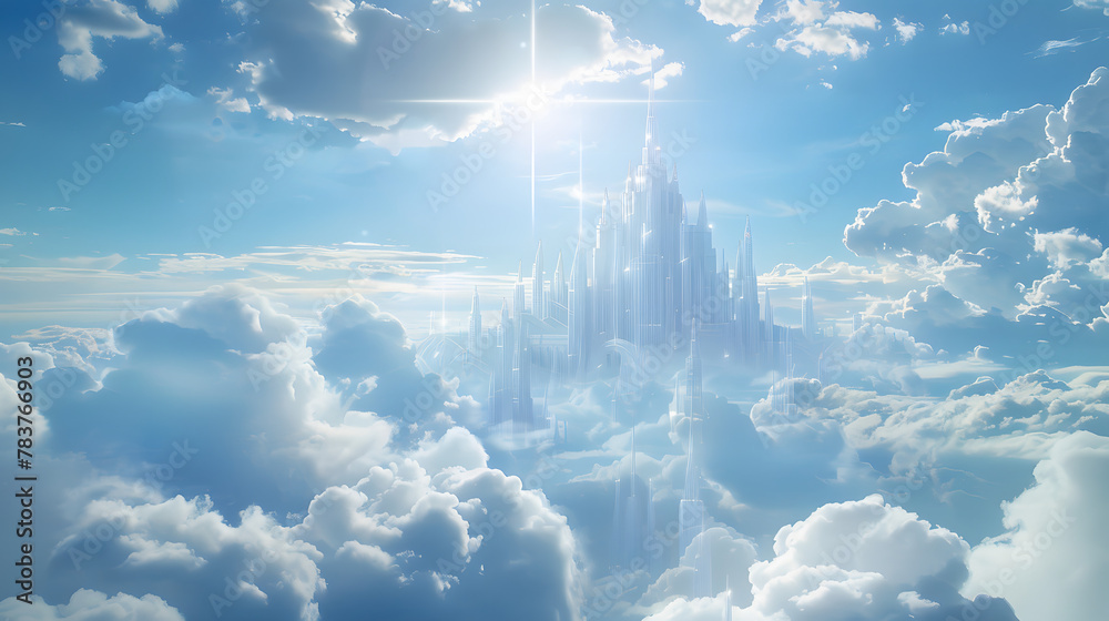 The holy city descending from the heavens, depicted with futuristic ...