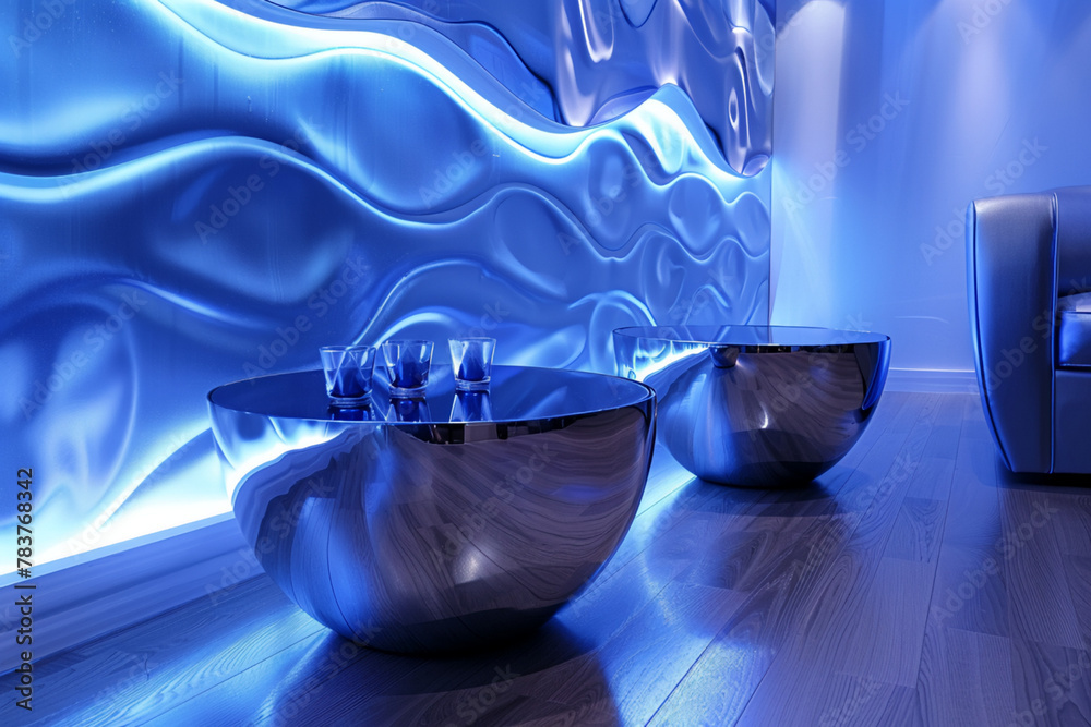 Generate an image of avant-garde end tables in a futuristic living room ...
