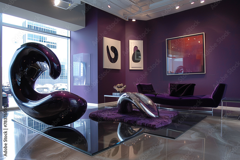 Illustrate an abstract sculpture in a high-end gallery space with walls ...