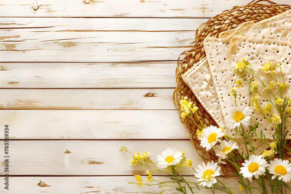 Matzah and spring flowers on light wooden background. Jewish holiday ...
