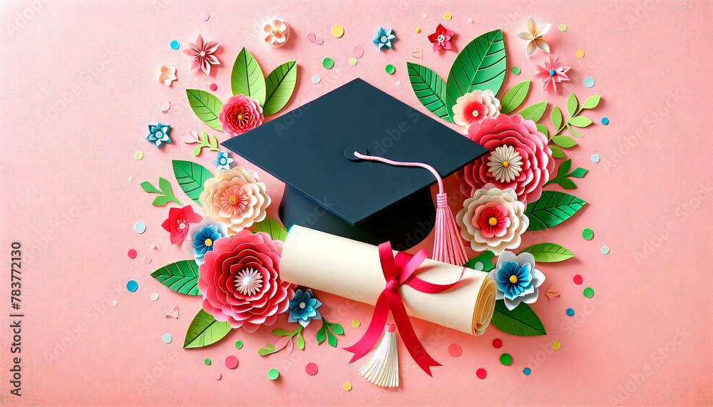 Graduation cap and diploma with elegant paper flowers on a soft pink ...