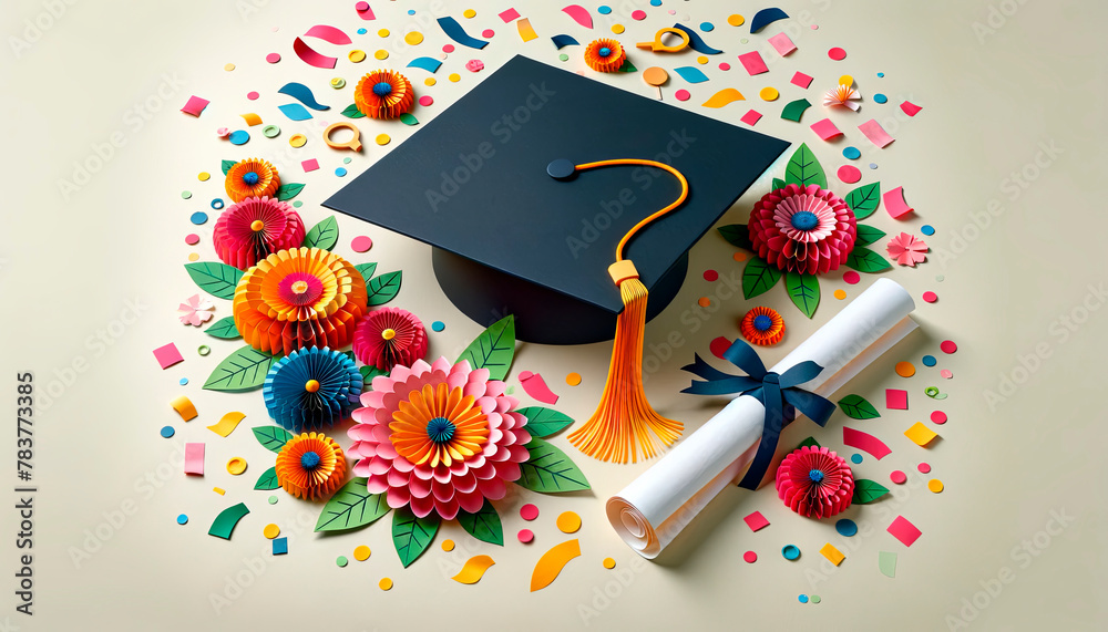 Graduation cap and diploma with colorful paper flowers on a beige ...