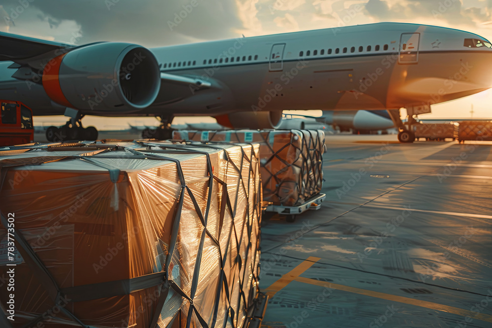Air cargo logistic containers are loading to an airplane. Air transport ...