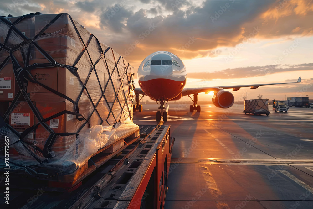 Air cargo logistic containers are loading to an airplane. Air transport ...