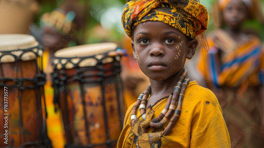 Boy in vibrant traditional African clothing stands proudly before a ...