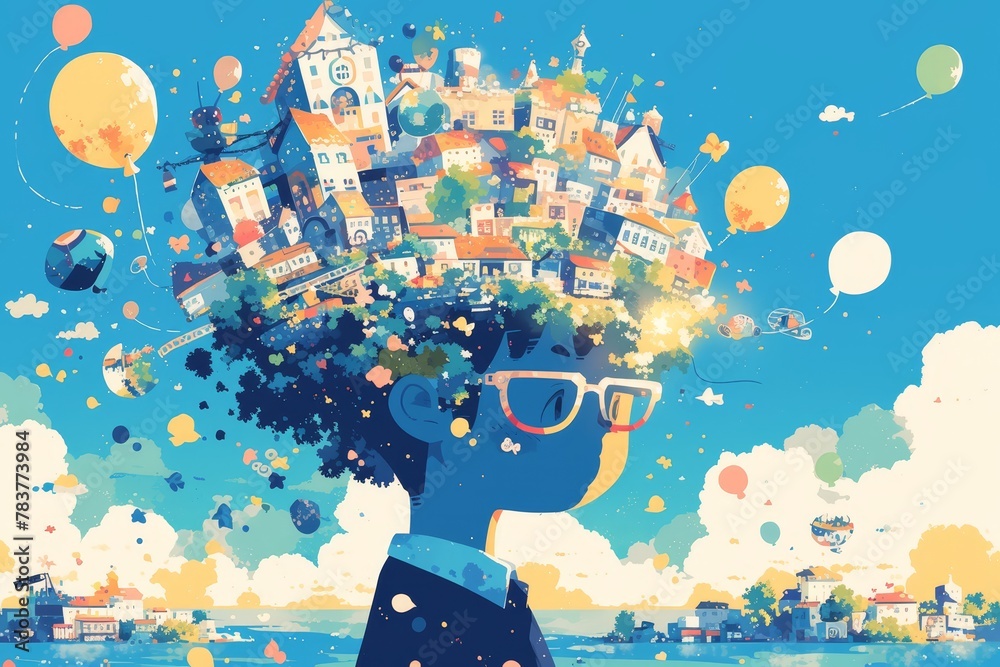 An imaginative scene of the Earth with floating balloons and buildings ...