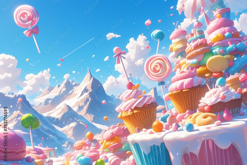 cartoon candy land with big lollipops, cupcakes and other sweets ...