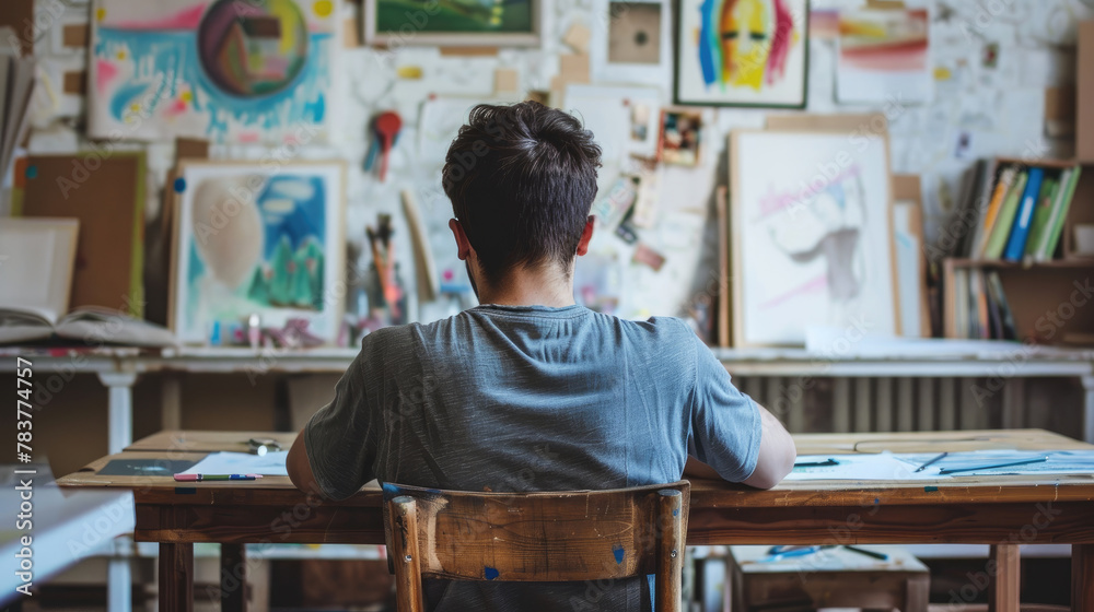 seen from behind students at the study table sitting and learning ...