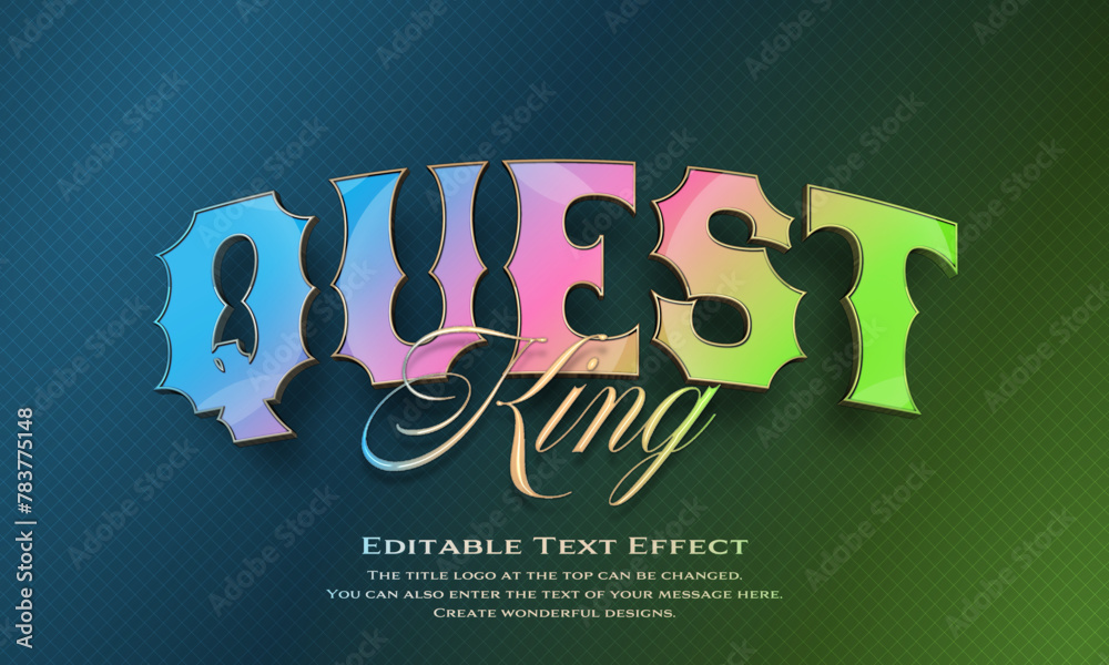 ”Quest King” Editable title logo text style effect in light blue, pink and green gradation thin ...