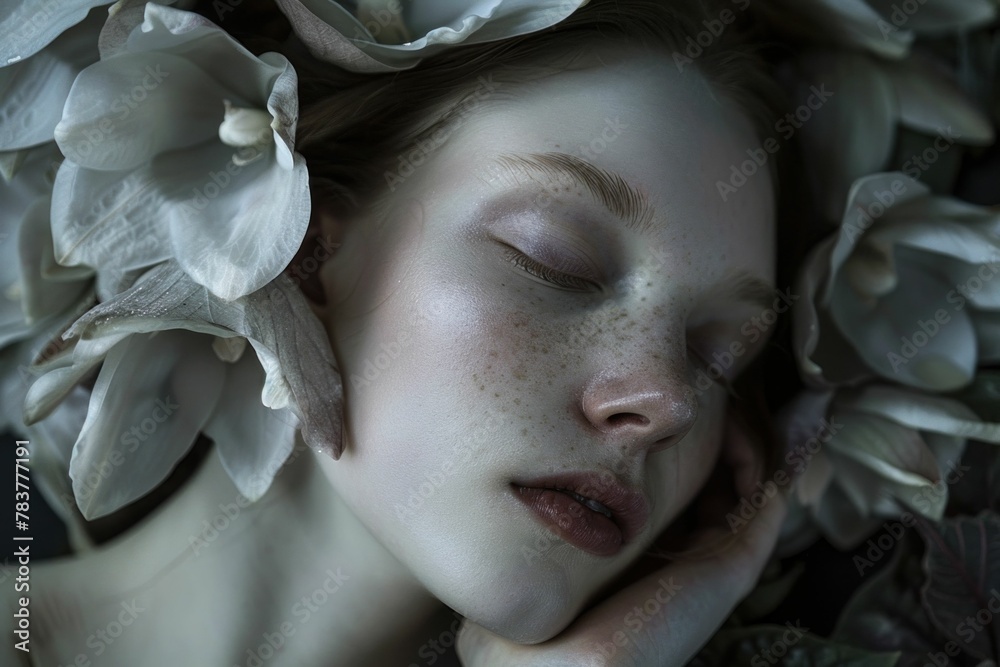 Peaceful woman with freckles sleeping with delicate flowers in her hair ...