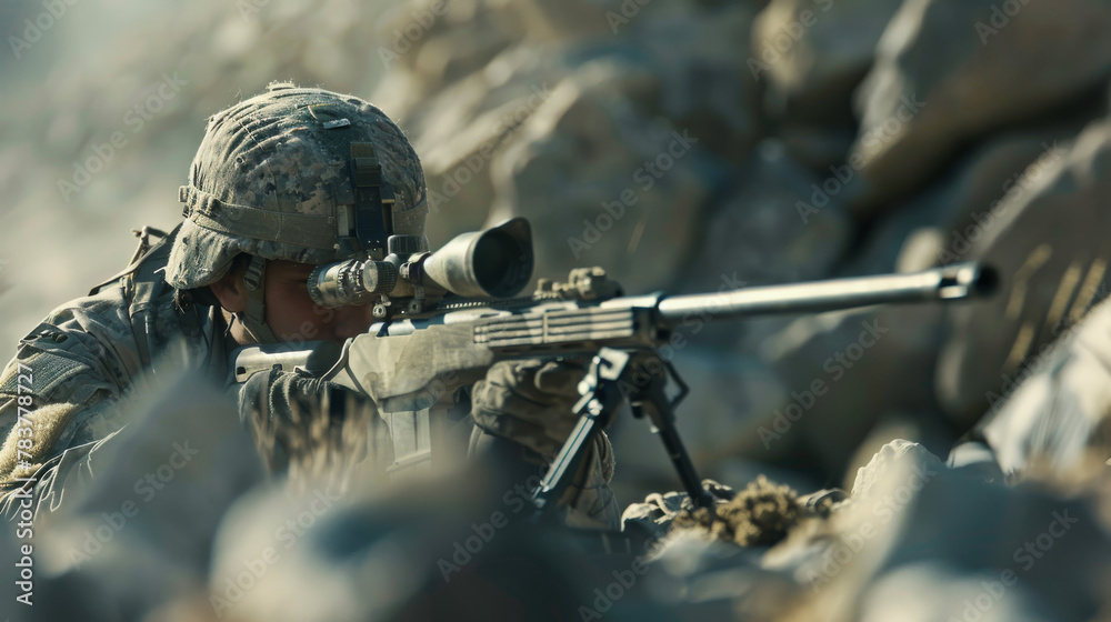 Lone sniper in camouflaged gear targets from a rocky outpost ...