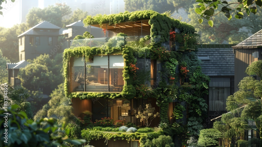 An urban green home, nestled between traditional buildings, with a ...