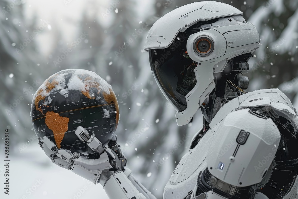 A futuristic robot with detailed textures holds an earth globe gently ...