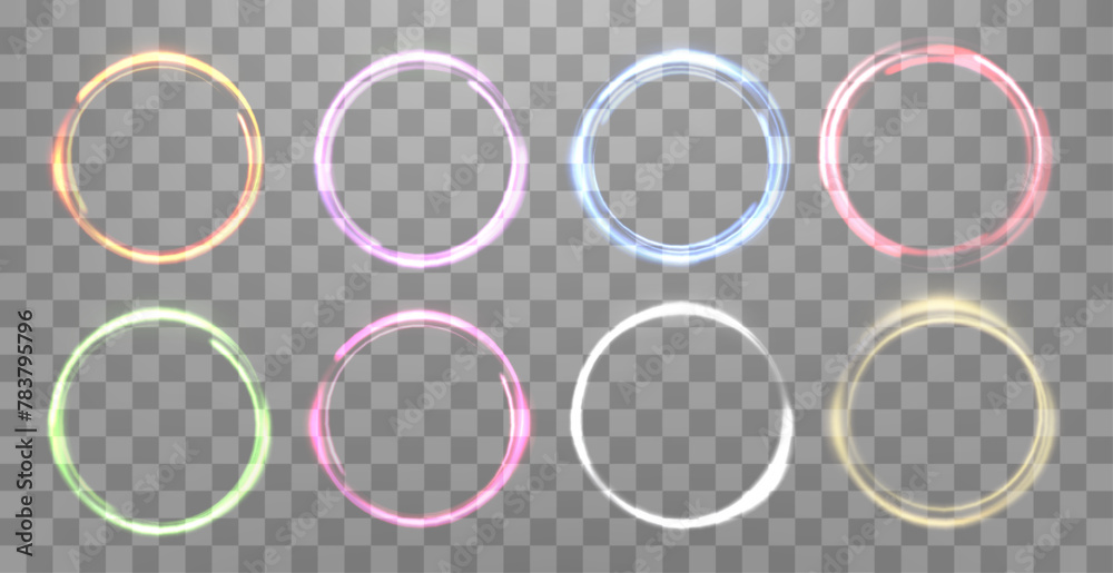 Glowing magic rings set. Neon realistic energy flare rings with ...
