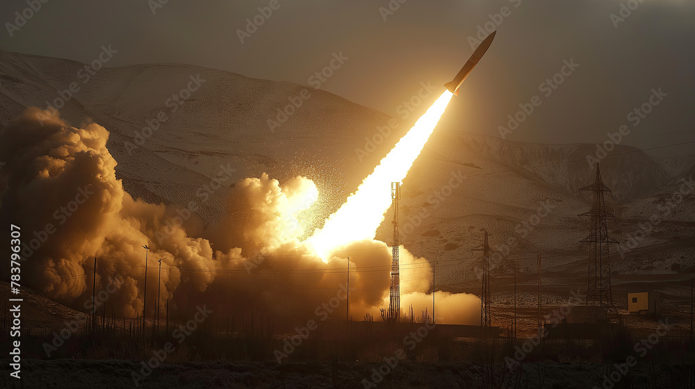 Missile launching from a snowy terrain with a bright flare of fire and ...
