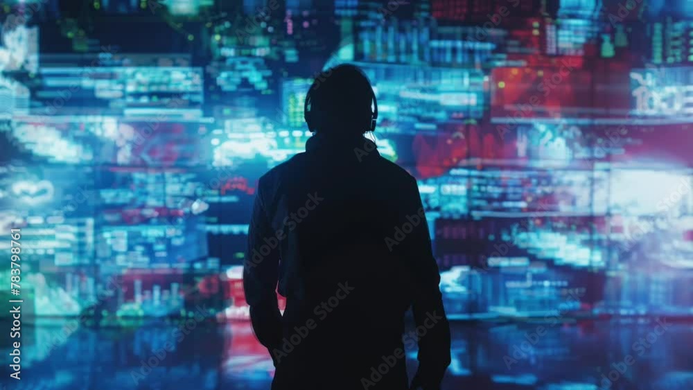 Motion Cyber Crime scene in neon lit future city hacker silhouette ...