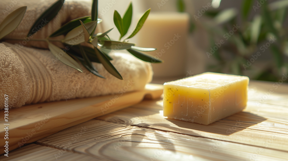 Natural olive tree soap bar or bars on the light wooden . Handmade ...