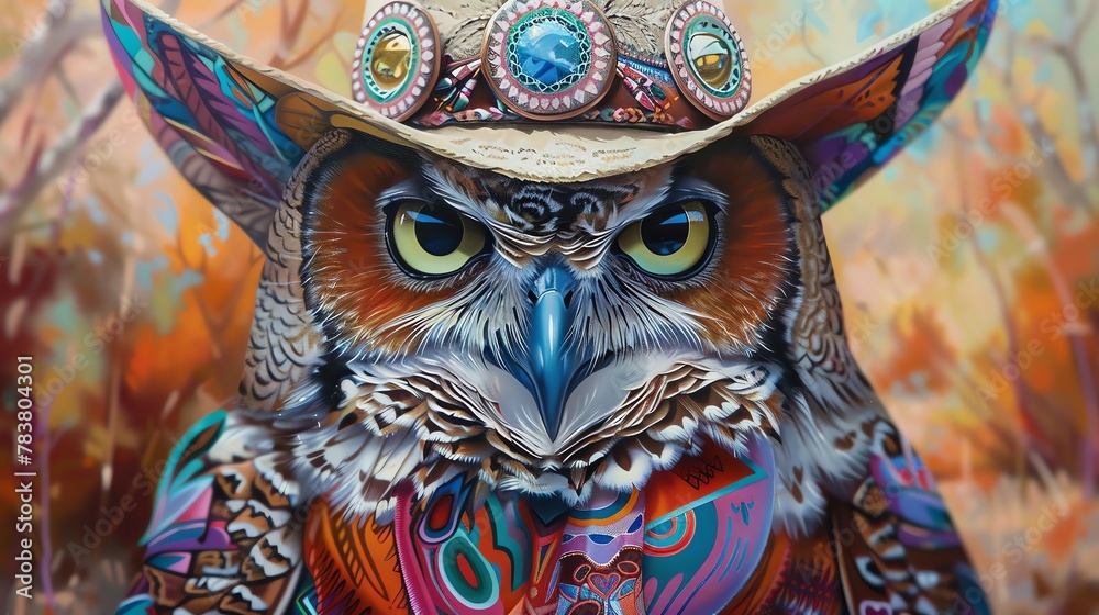 Capture the charm of a cute owl cowboy in a vibrant oil painting Show ...