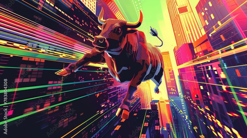 Craft a pixel art depiction of the bullish stock market rise, featuring ...