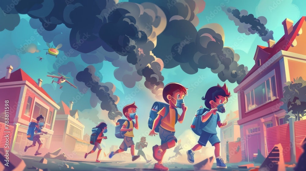 Modern cartoon illustration of a street scene with children coughing ...
