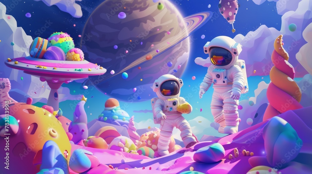 Animated space party poster with a cute spaceman and alien character in ...