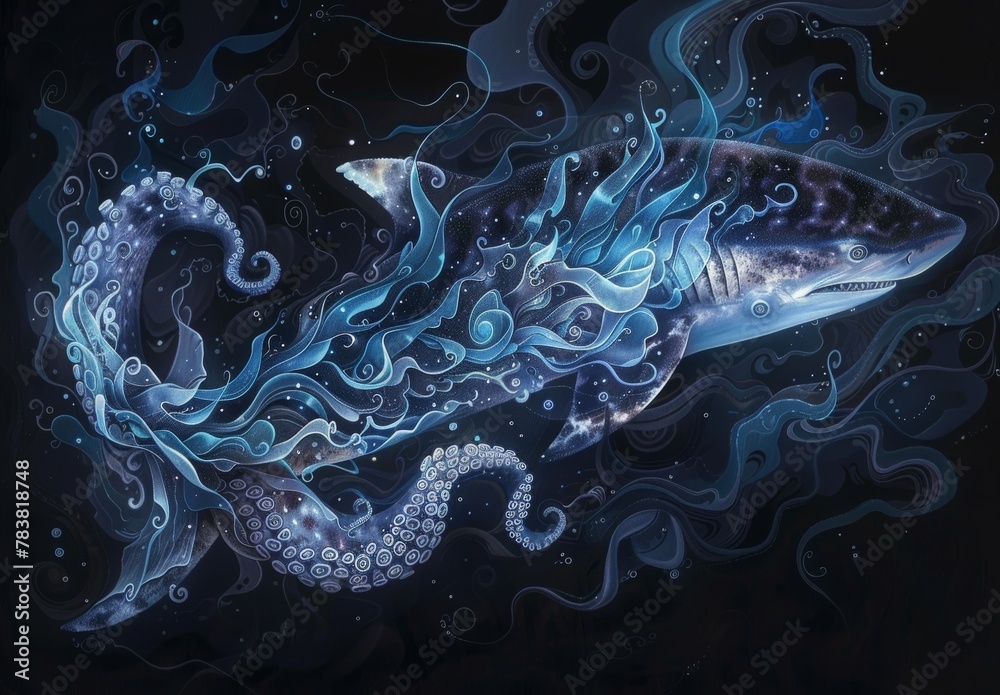 Imaginative Portraits Of Marine Predators Like Sharks Octopuses Or Eels Portrayed In Shadowy