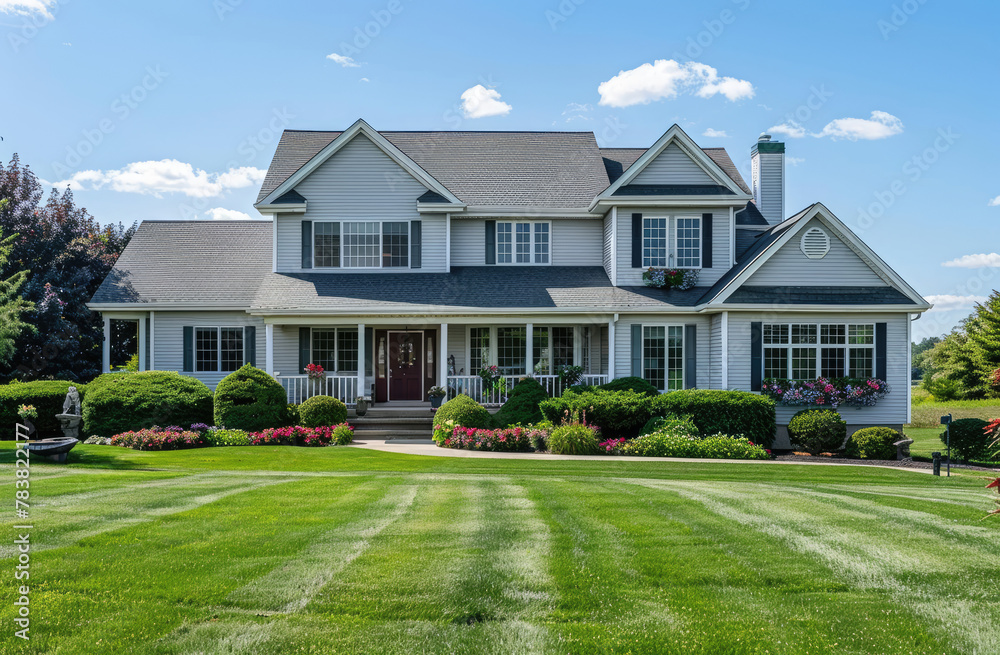 Beautiful suburban home with a large front yard and lawn, blue sky ...