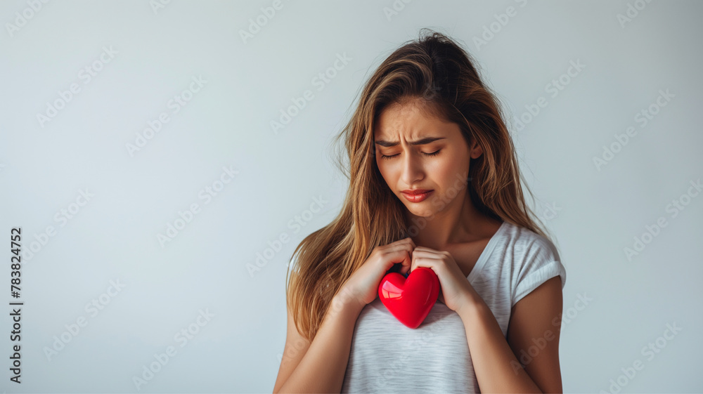 young woman with a heart in her hands, medicine concept, heart disease ...
